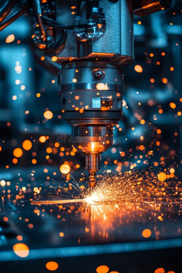 CNC Milling Machine in Action, Sparks Flying, Dramatic Lighting, Modern ...