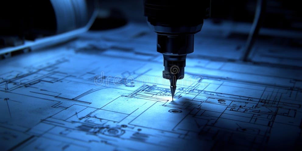 CNC Milling Machine Carving Complex Design on Engineering Blueprint ...