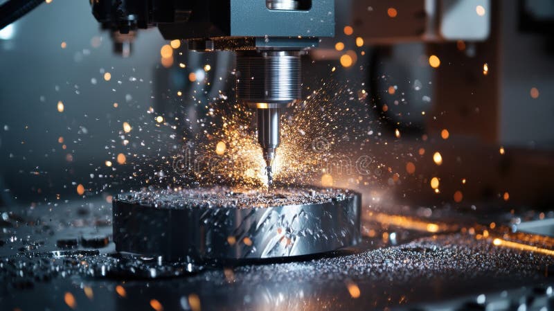 Cnc Milling Machine Creating Metal Detail with Sparks Flying Stock ...