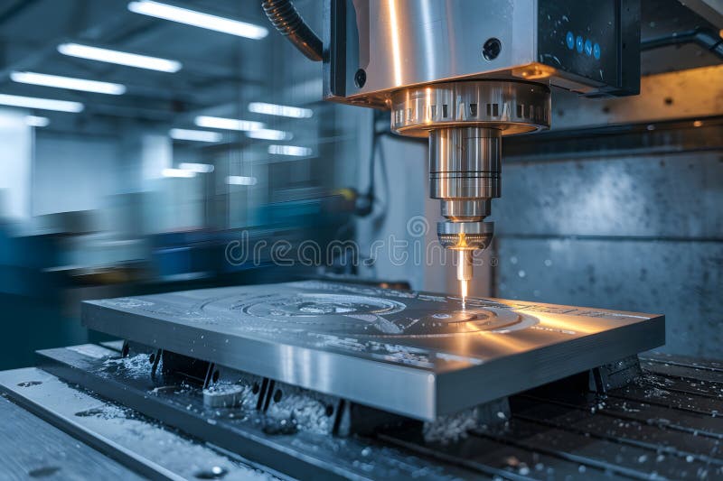 CNC Milling Machine Cuts Metal Plate with Detailed Etchings in a ...