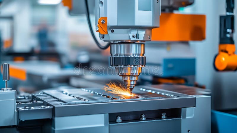 CNC Milling Machine Cutting Aluminum, Sparks Fly in Precision Engineering Close-up View Stock ...