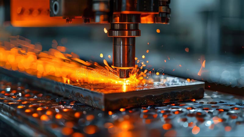 The CNC Milling Machine Cutting the Metal Shaft with the Sparking Light ...