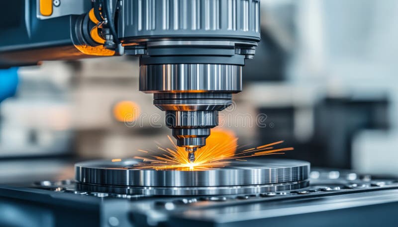 CNC Milling Machine Cutting Metal Sparks Fly in Precision Engineering, Industrial Close-Up Stock ...