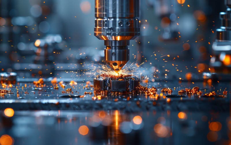 The CNC Milling Machine Cutting the Sample Part with the Sparking Light ...