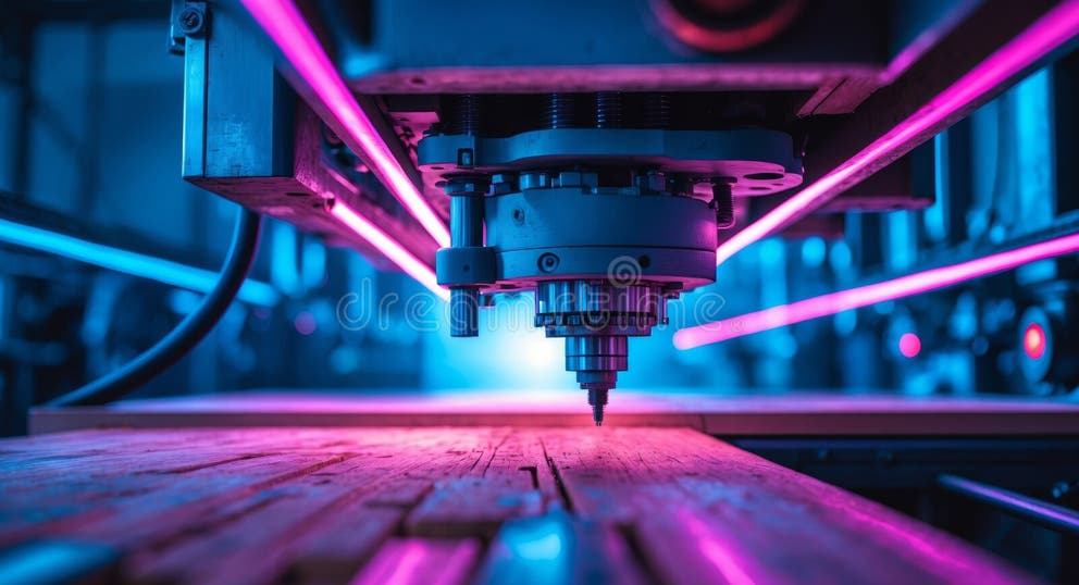 CNC Milling Machine Processing Wood, Illuminated with Neon, Creates ...