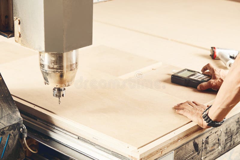 CNC Milling Machine. Machine Tool in Wood Factory with Drilling ...