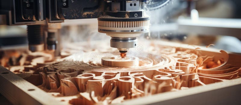 CNC Milling Machine Working on Wood in Workshop, Closeup Stock ...