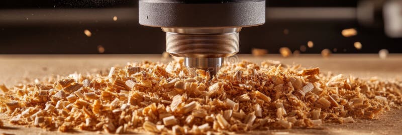 CNC Router Head in Action, Carving Wood Surface and Generating a Pile ...