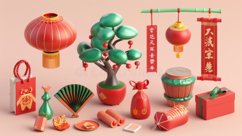 CNY Elements in 3D. Illustration of Spring Festival Objects in a Set ...