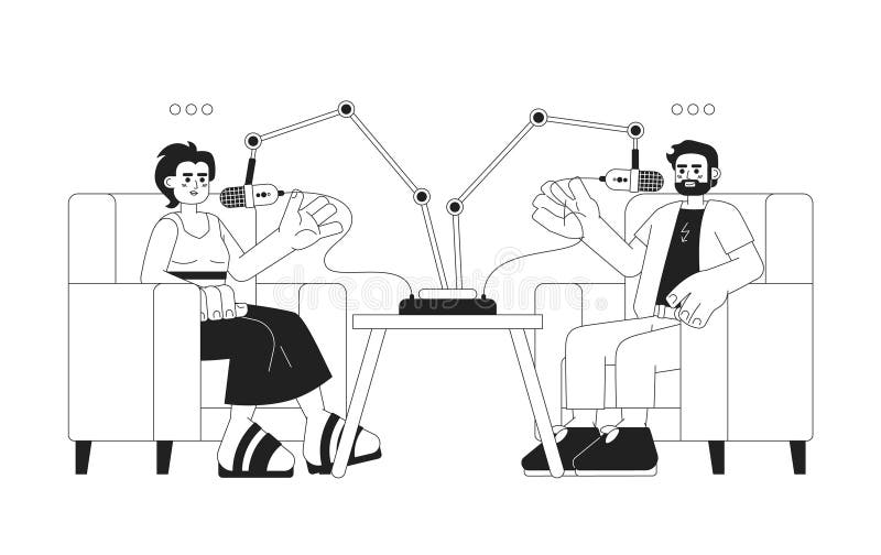 Co-hosted Podcast Black and White Cartoon Flat Illustration Stock ...