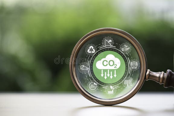 CO2 Reducing Icon Inside Magnifier Glass on Greenery Background for ...