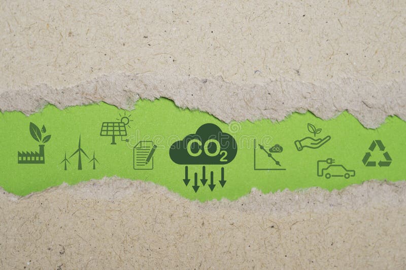 CO2 Reducing ,Recycle ,Green Factory Icon on Green Torn Paper for Decrease CO2 , Carbon ...