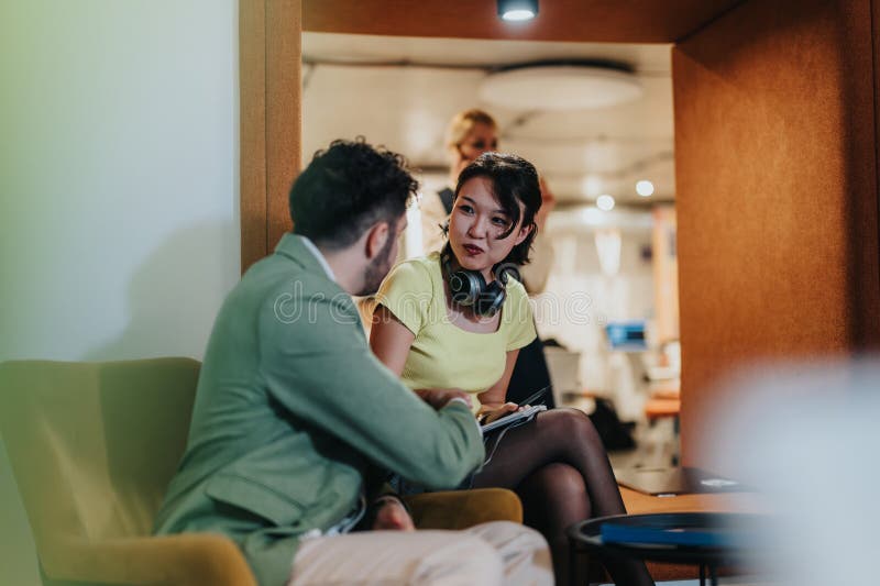 Co-workers Discussing a Project Together in a Modern Office Stock Image - Image of colleagues ...