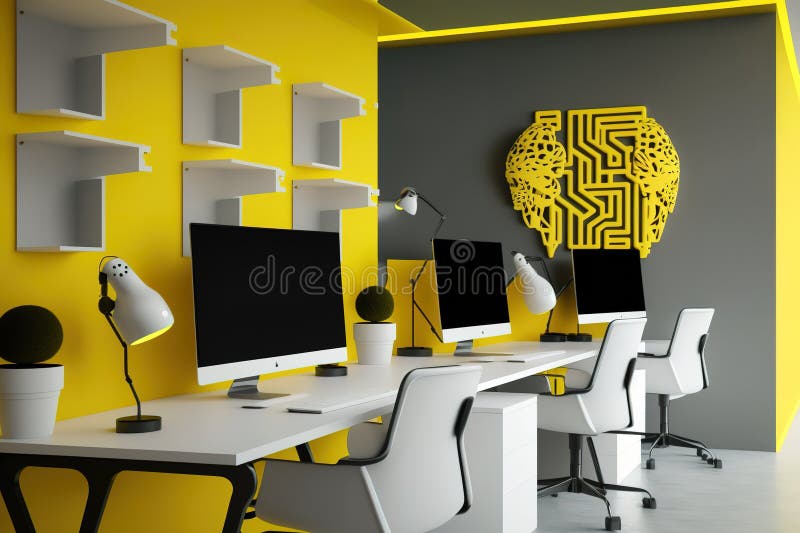 Co-working Office Room with Computers and Yellow Abstract Wall ...