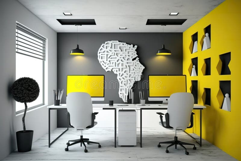 Co-working Office Room with Computers and Yellow Abstract Wall ...