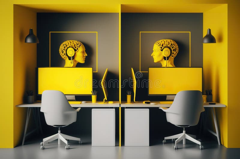 Co-working Office Room with Computers and Yellow Abstract Wall ...