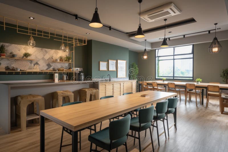 Co-working Space with Communal Kitchen and Dining Area Stock ...