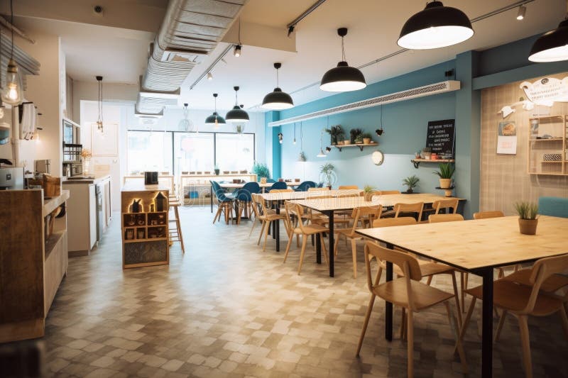 Co-working Space, with Communal Tables and Modern Decor Stock ...