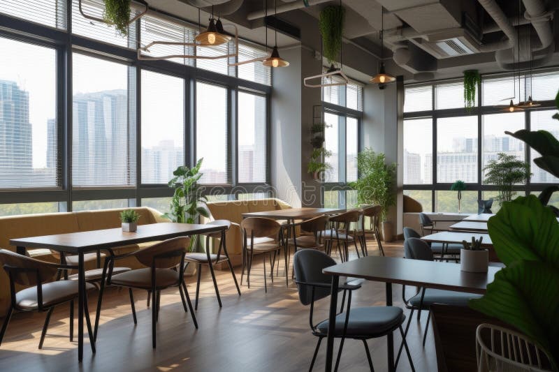 Co-working Space in Modern Office with Communal Seating and Natural ...