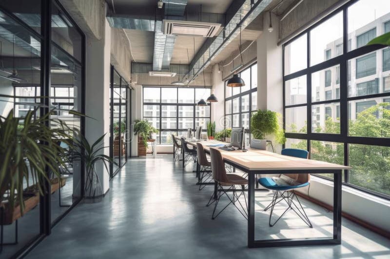 Co-working Space in Modern Office with Communal Seating and Natural ...