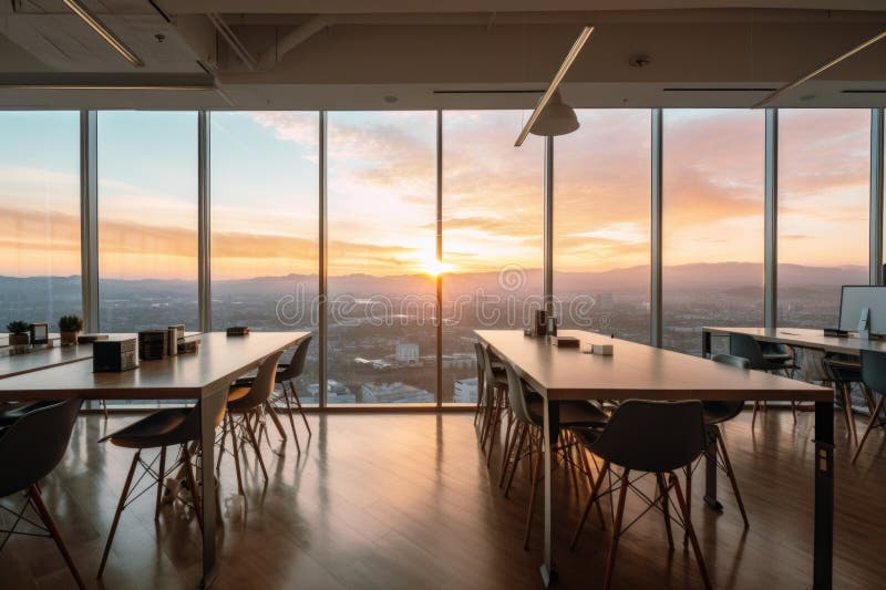 Co-working Space with View of Sunset Over the Horizon Stock ...