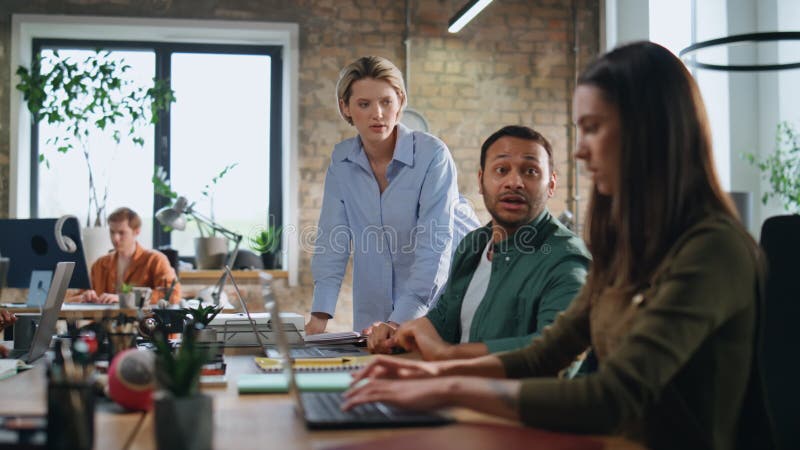 Coach Coordinating Interns Work Sitting Coworking. Team Training Under ...