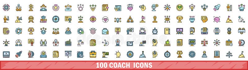 100 Coach Icons Set, Color Line Style Stock Vector - Illustration of ...