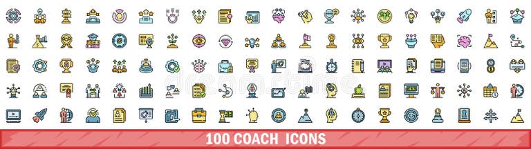 100 Coach Icons Set, Color Line Style Stock Vector - Illustration of ...