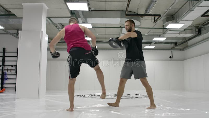 Coach and Kick-boxers Practice Kicks in the Jump with Rotation on the ...