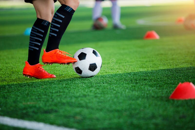 Coach of Soccer Player Standing and Stepping on the Ball Stock Image ...