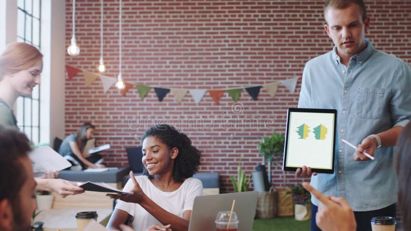 Coaching, Man or Infographic Tablet Data Analysis in Business Meeting ...