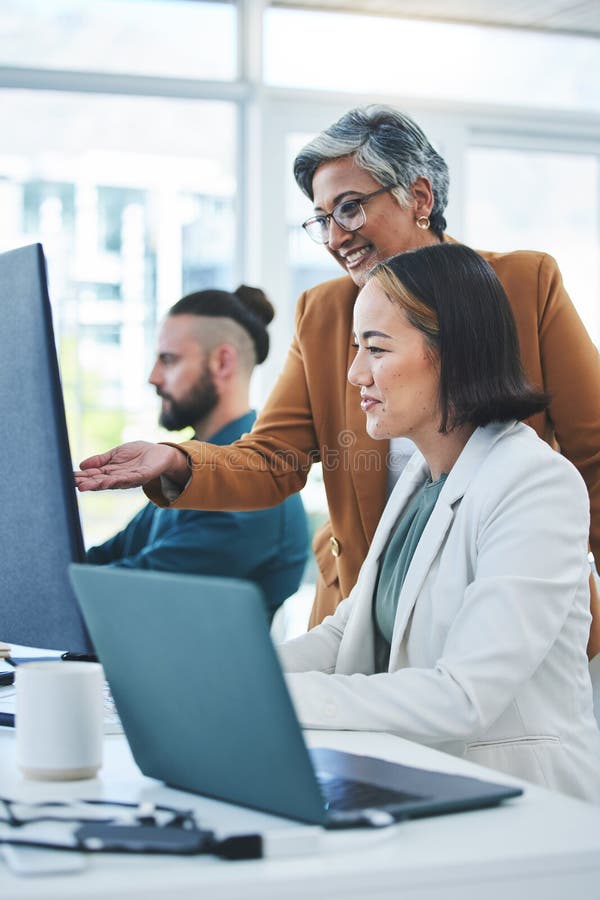 Coaching, Mentor and Computer with Business People in Office for ...