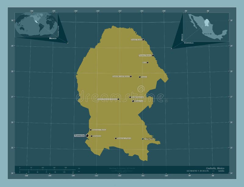 Coahuila, Mexico. Solid. Labelled Points of Cities Stock Illustration ...
