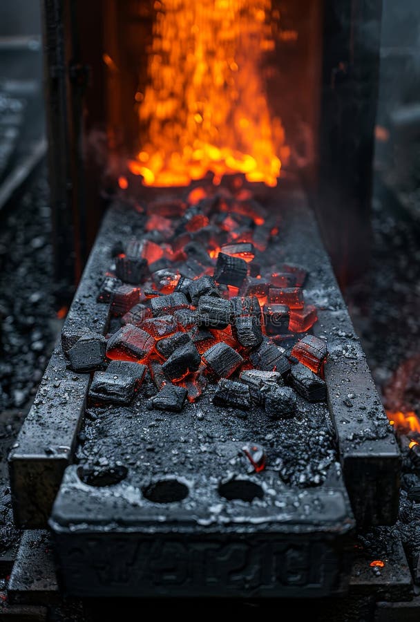 Coal Burning in Brazier Melting Iron. a Photo of Black Coals Being ...
