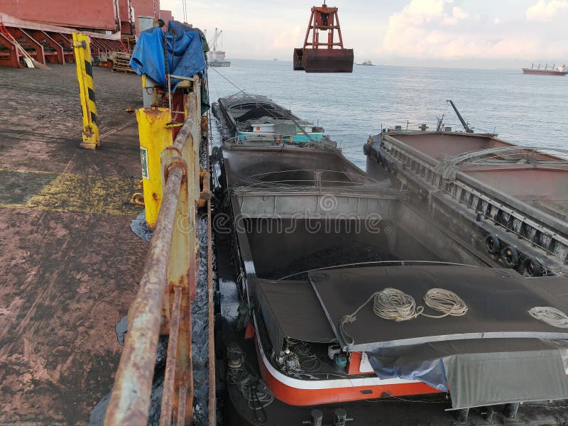 Coal Discharging Operation by Crane`s Grab and Excavator on Bulk Ship ...