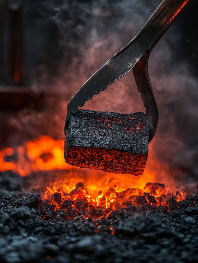 Coal Ember Glowing in Intense Heat Held by Tongs. Stock Photo - Image ...