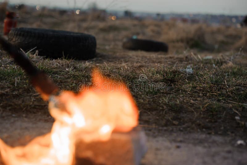 Coal on Fire. Ignition of Square Coal with a Gas Burner on a Stone ...