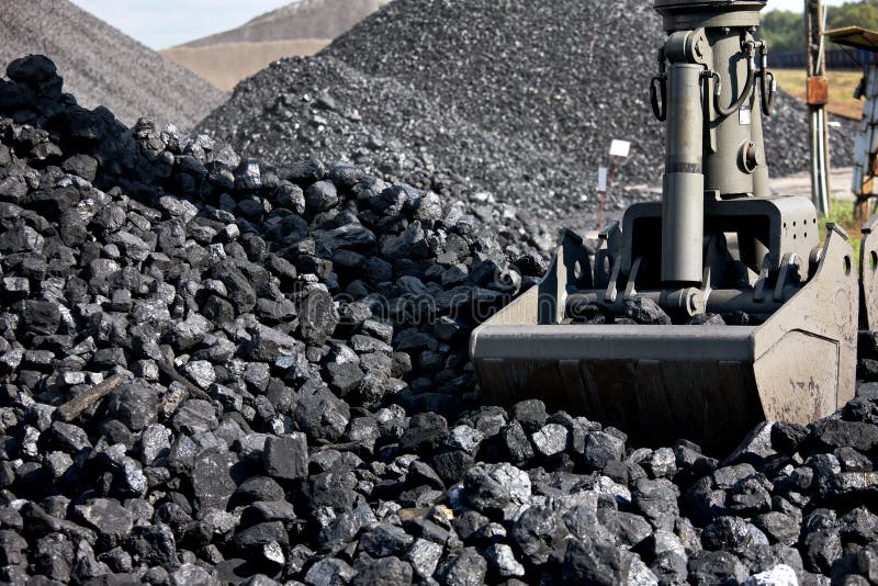 Coal Loading Excavator, Heaps of Coal Stock Photo - Image of closeup ...