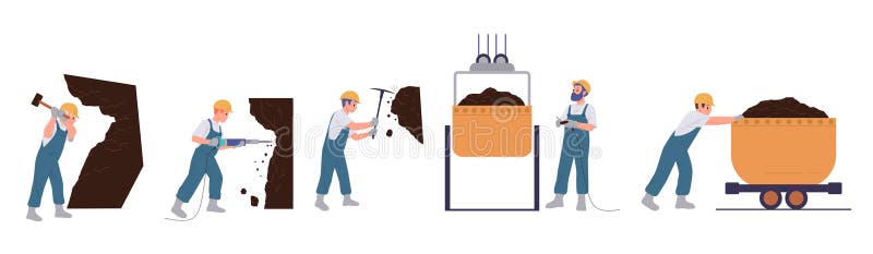 Coal Mining Industry Set with People Characters Working Underground ...