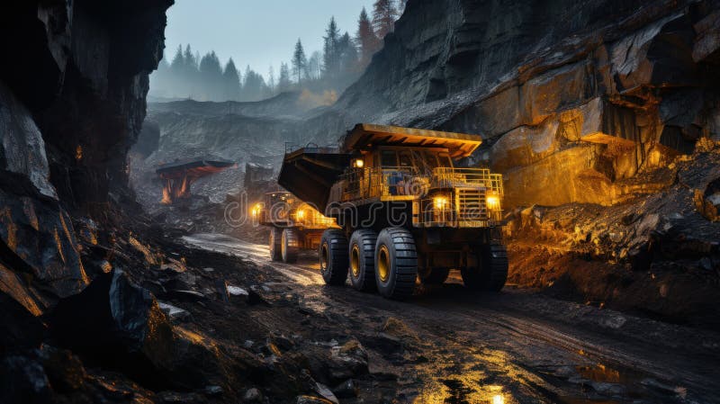 Coal Mining in an Open Pit Mine with Heavy Machinery at Night Stock ...