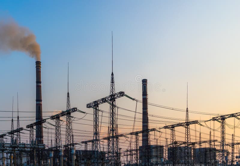Coal Power Plant and Electrical Distribution Substation Stock Photo ...