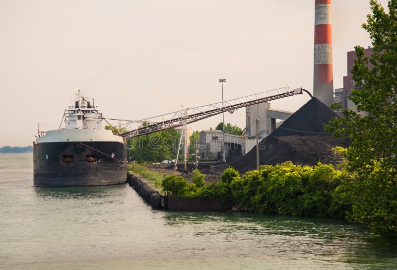 Coal Ship at Power Plant Detroit River Stock Photo - Image of load ...