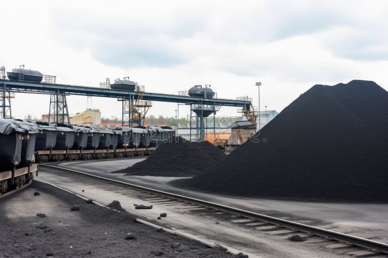 Coal Yard with Stacks of Coal and Mining Equipment in the Background ...