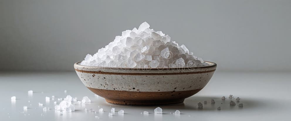 Coarse Salt Crystals Piled High in a Round Rustic Ceramic Bowl on a ...