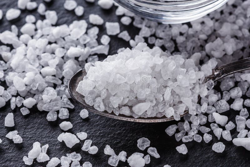 Coarse Sea Salt on a Dark Stone Background Stock Image - Image of stone ...