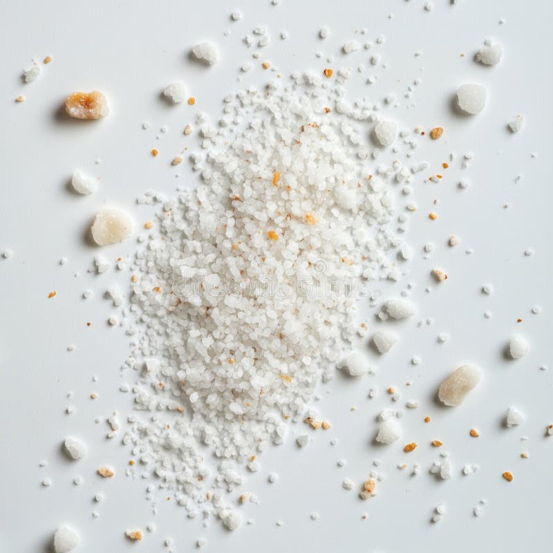 Coarse Sea Salt Granules Scattered on White Surface Displaying Natural ...