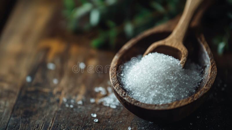 Coarse White Salt in a Wooden Spoon on a Rustic Table Stock Image ...