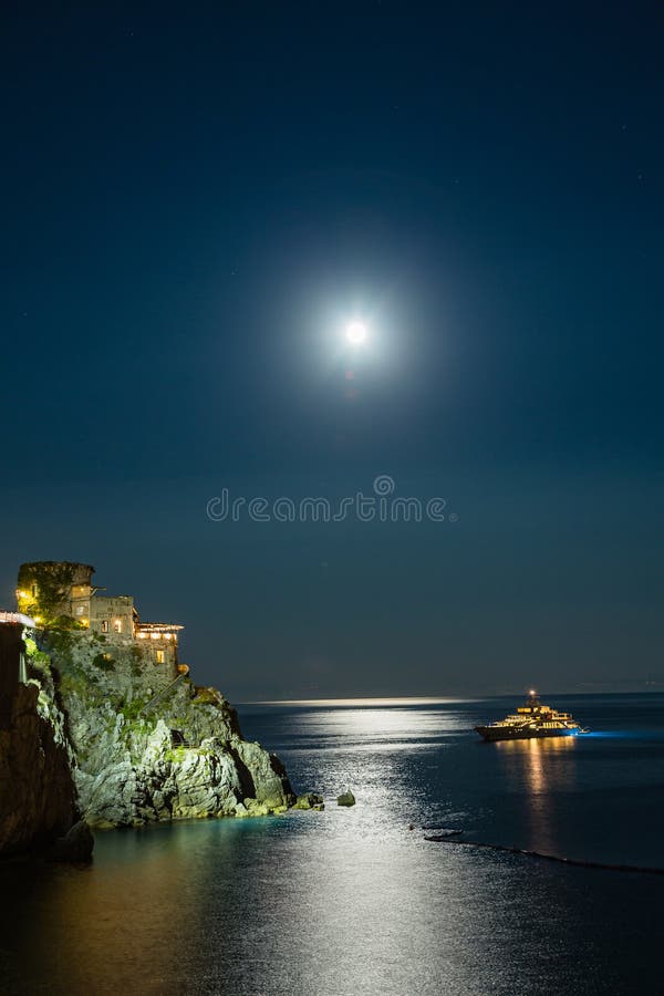 The Coast of Amalfi Illuminated by Moonlight, Italy Stock Photo - Image ...