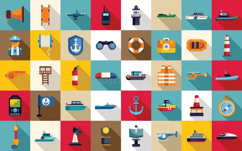 Coast Guard Icons Set Flat Vector. Sea Ship Coast Stock Vector - Illustration of life, patrol ...