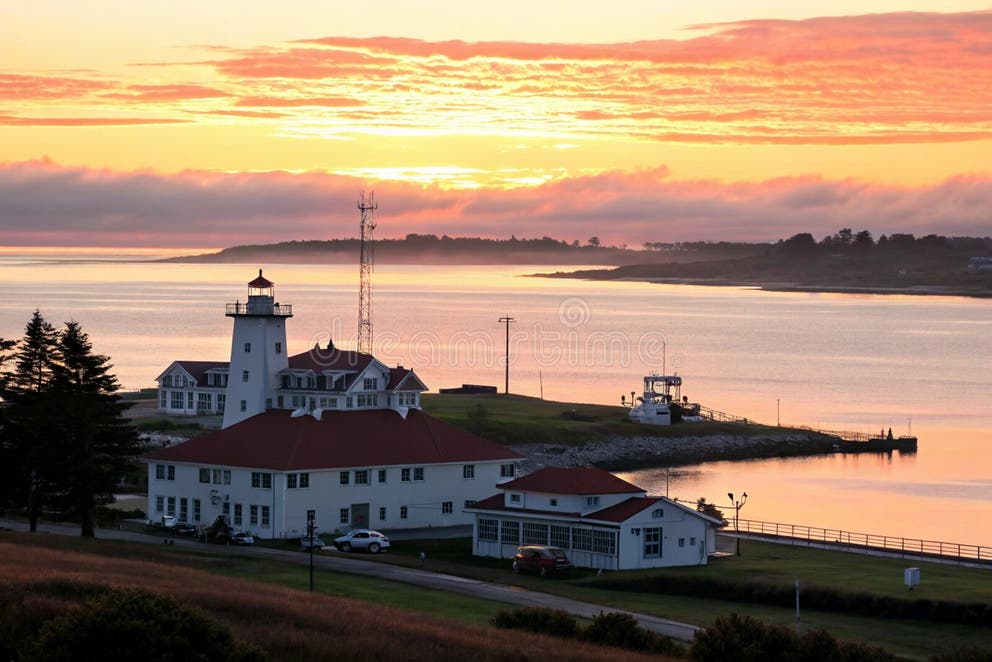 Coast Guard Island at Sunrise Stock Illustration - Illustration of haze ...